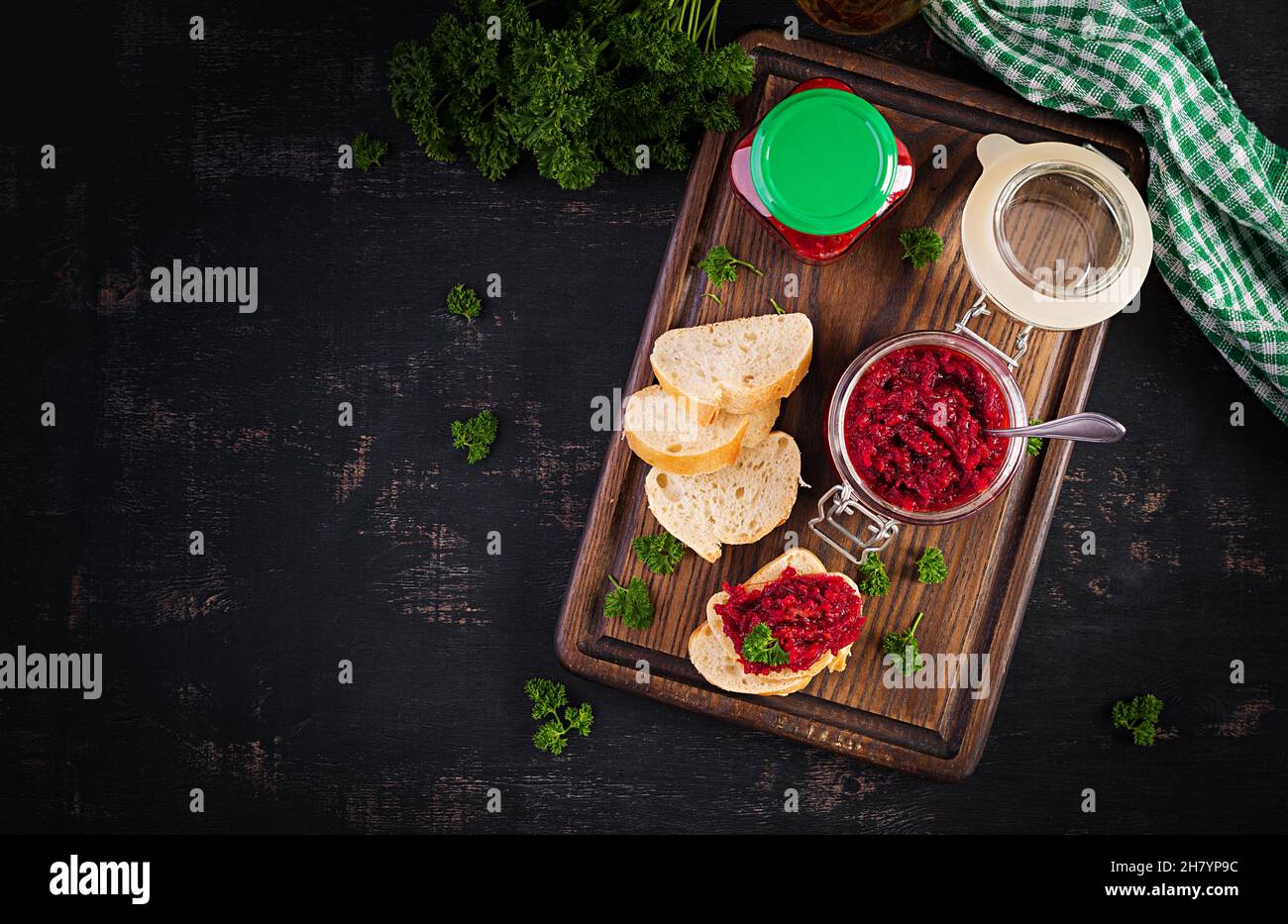 Vegetarian food. Jar with beetroot pate. Healthy eating. Sandwiches ...