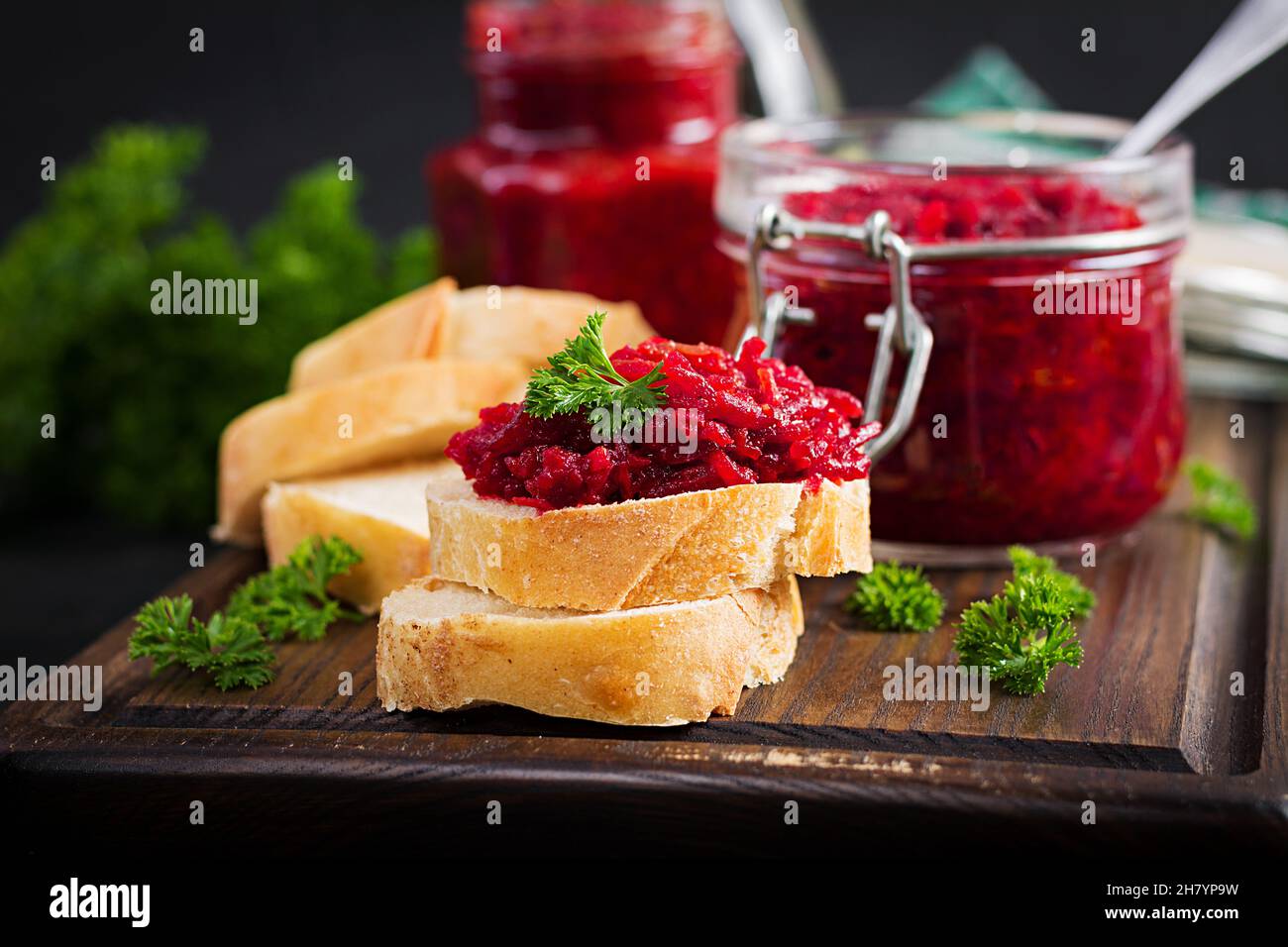Vegetarian food. Jar with beetroot pate. Healthy eating. Sandwiches ...