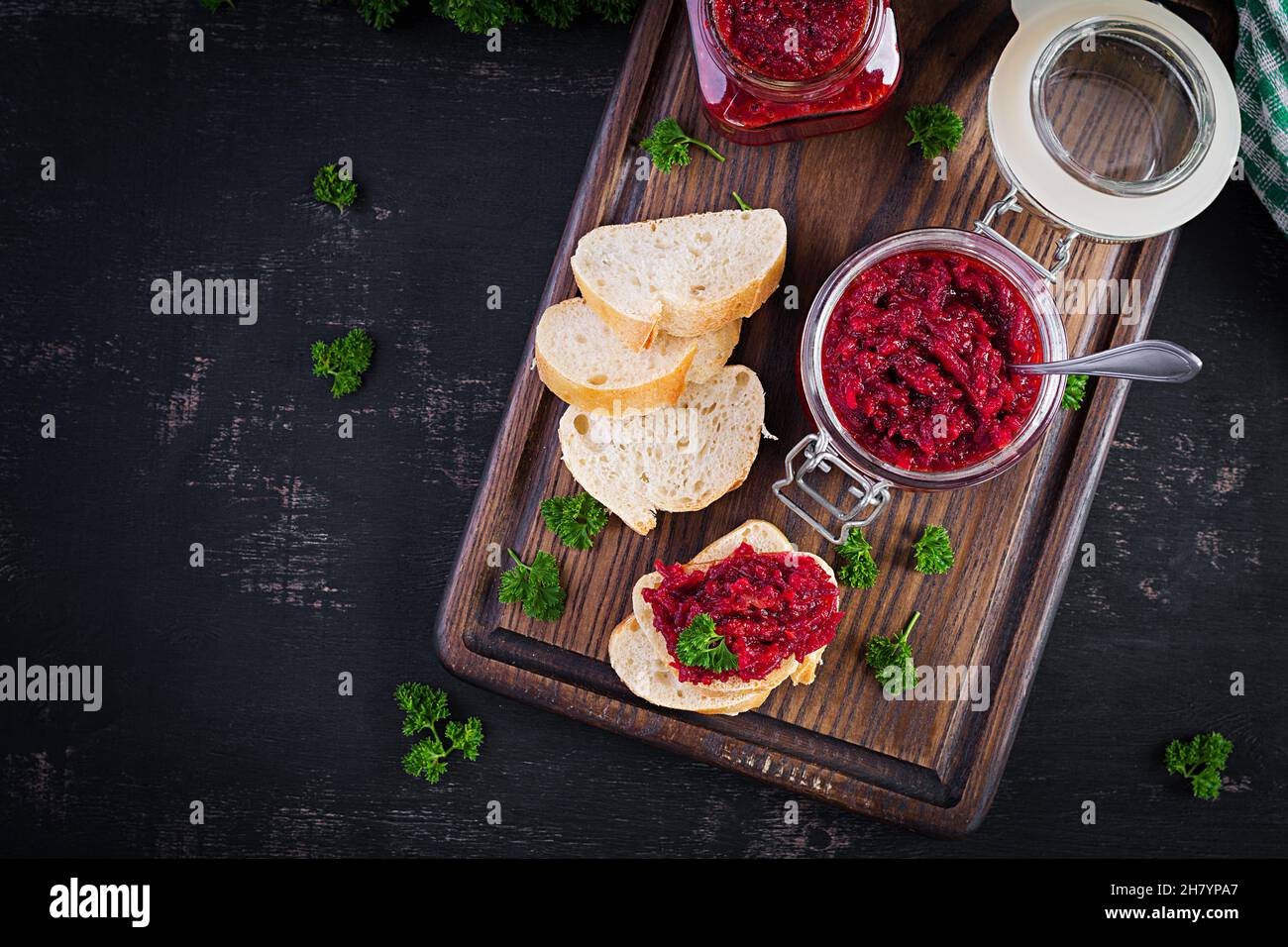 Vegetarian food. Jar with beetroot pate. Healthy eating. Sandwiches ...