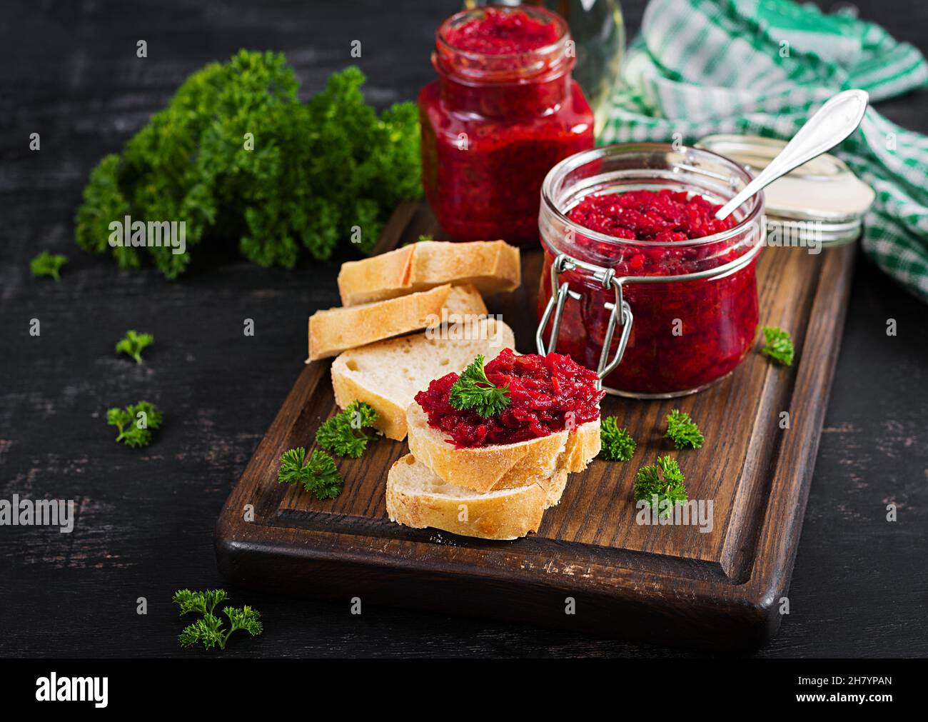 Vegetarian food. Jar with beetroot pate. Healthy eating. Sandwiches ...