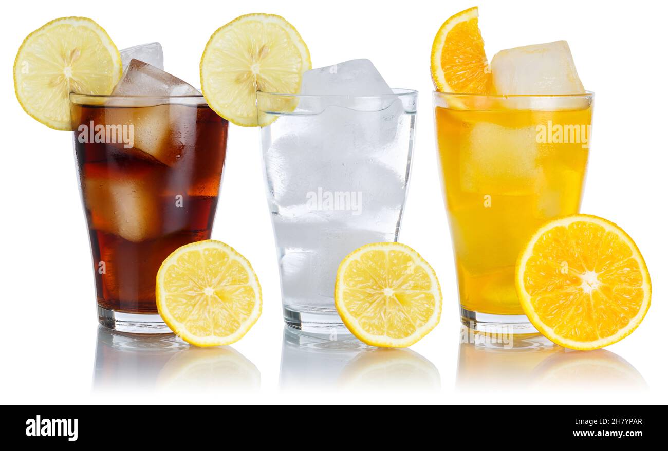 Drinks lemonade cola drink softdrinks glass in a row with lemon ...