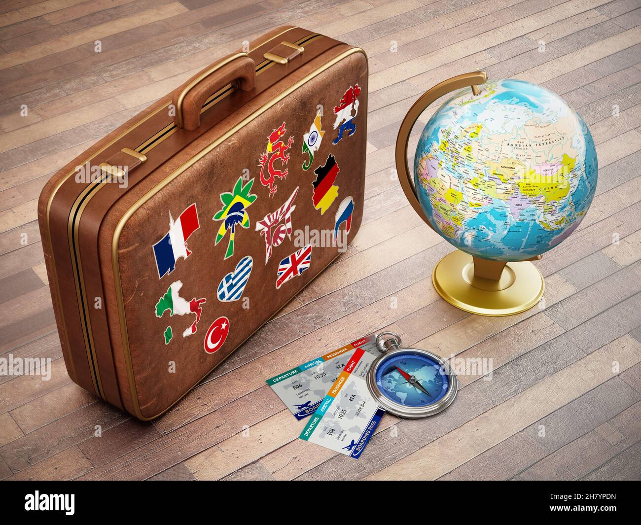 Vintage suitcase with flags of world countries, globe, compass and ...