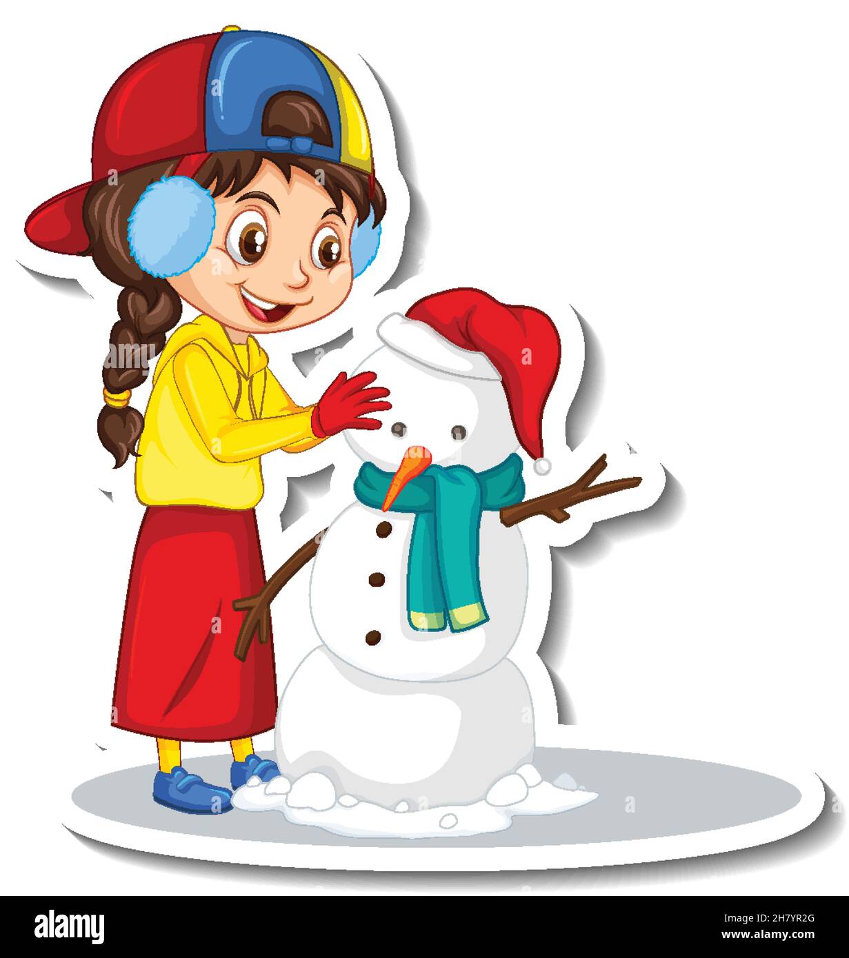 A girl building a snowman cartoon character sticker illustration Stock ...