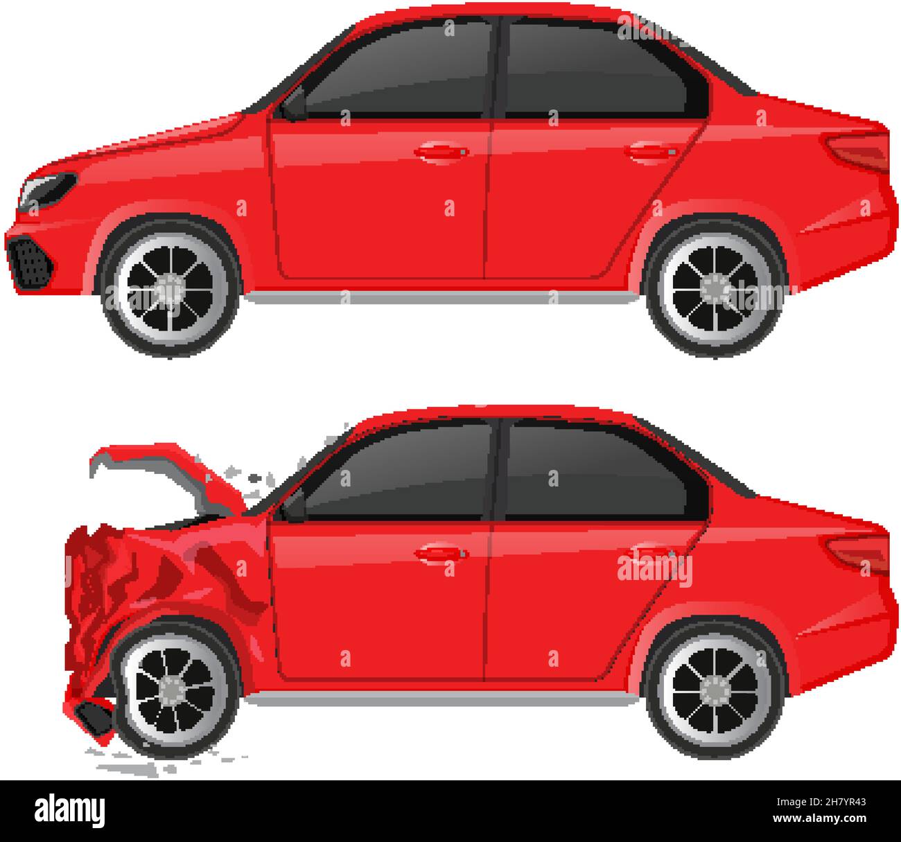 Red sedan car and wrecked car on white background illustration Stock ...