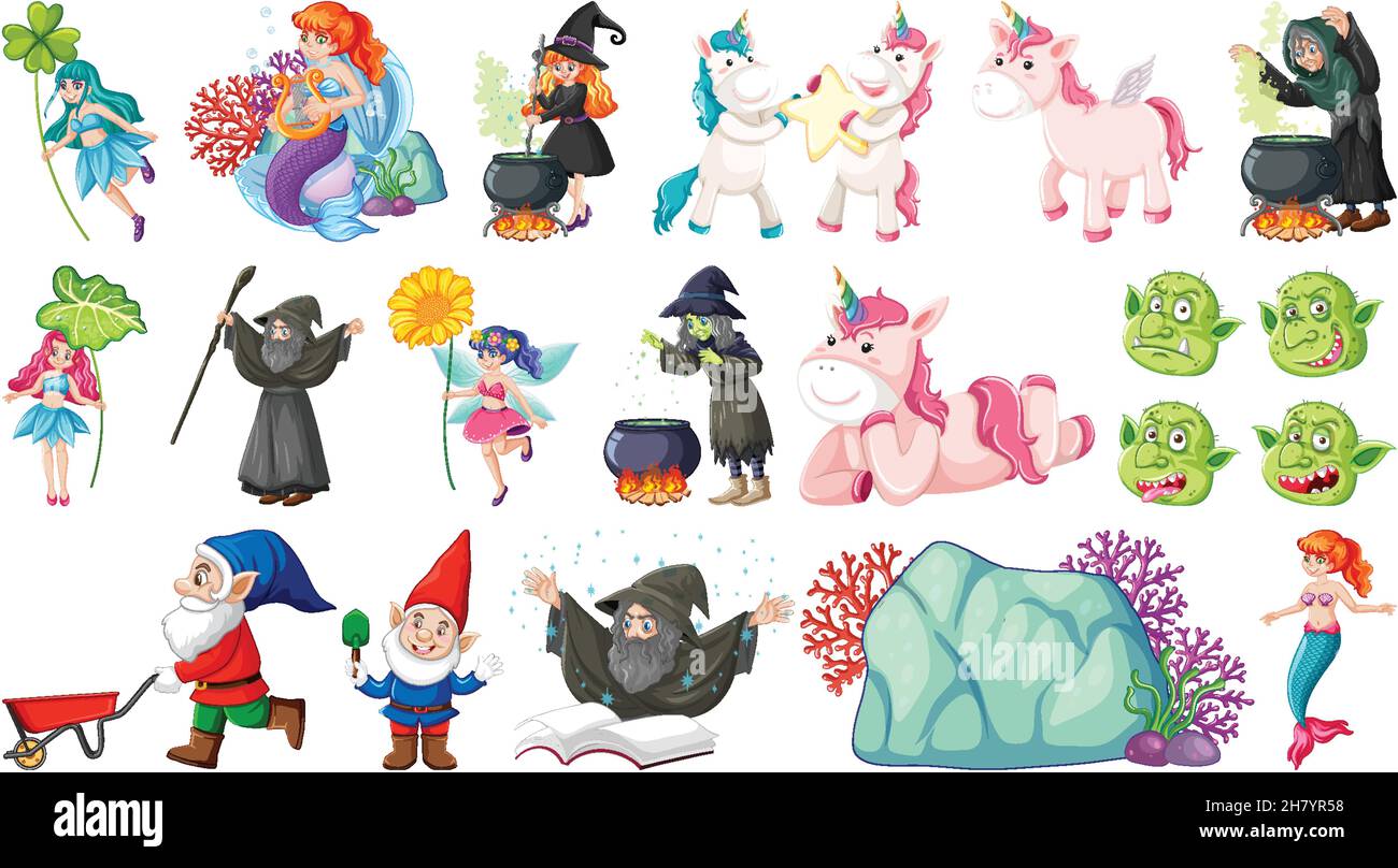 Set of fantasy fairy tale characters and elements illustration Stock ...