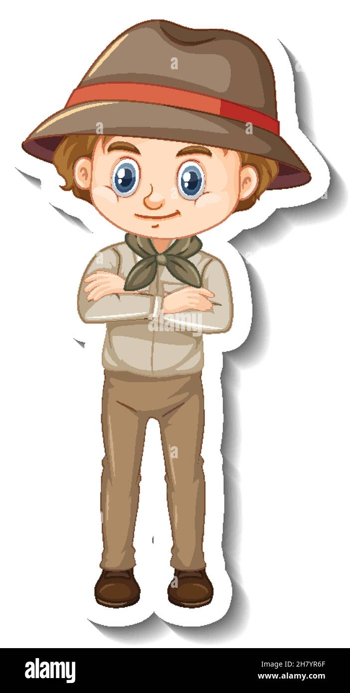 Boy in safari outfit cartoon character sticker illustration Stock ...