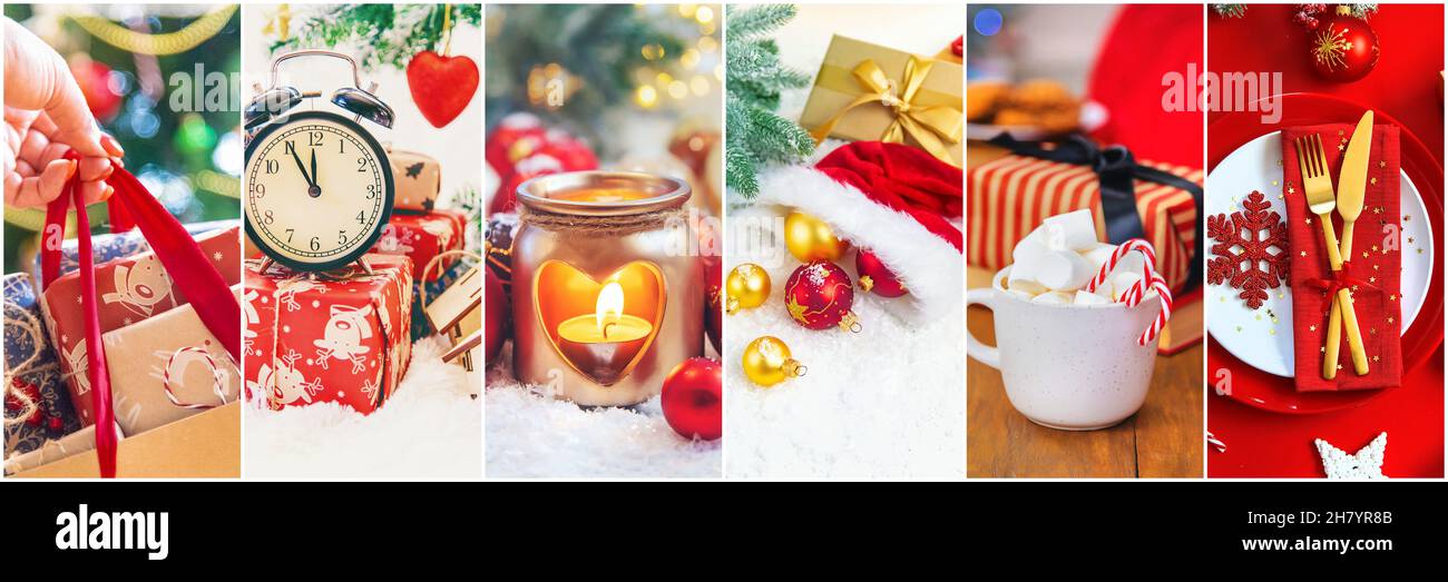 Collage with beautiful Christmas photos. Selective focus. New year ...