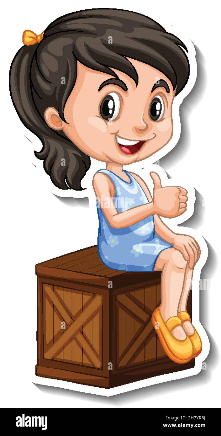Cute girl sitting on wooden box cartoon character illustration Stock ...