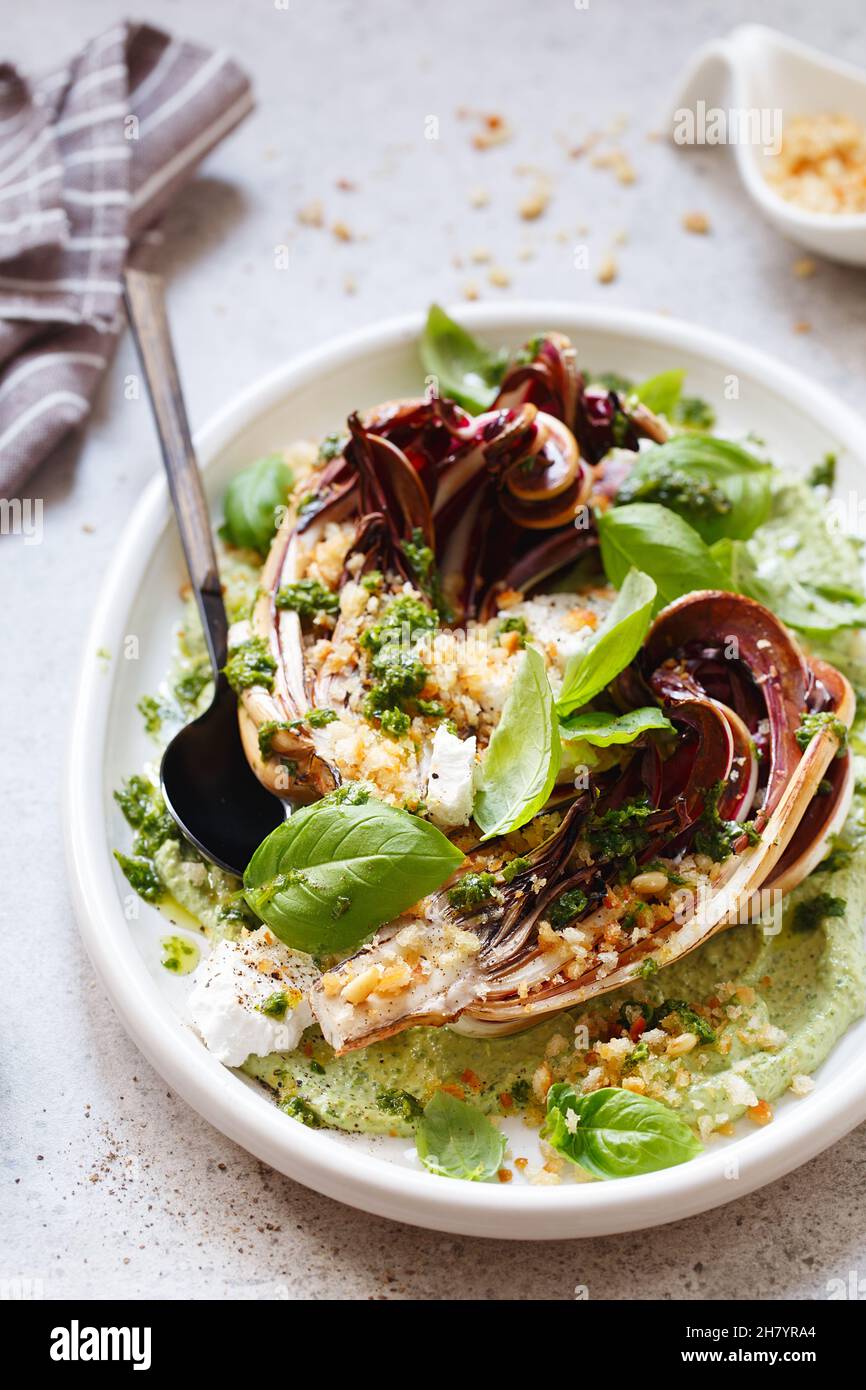 roasted radicchio salad with feta, green tahini, Pine nuts and basil ...