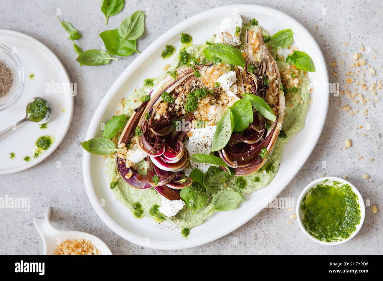 roasted radicchio salad with feta, green tahini, Pine nuts and basil ...