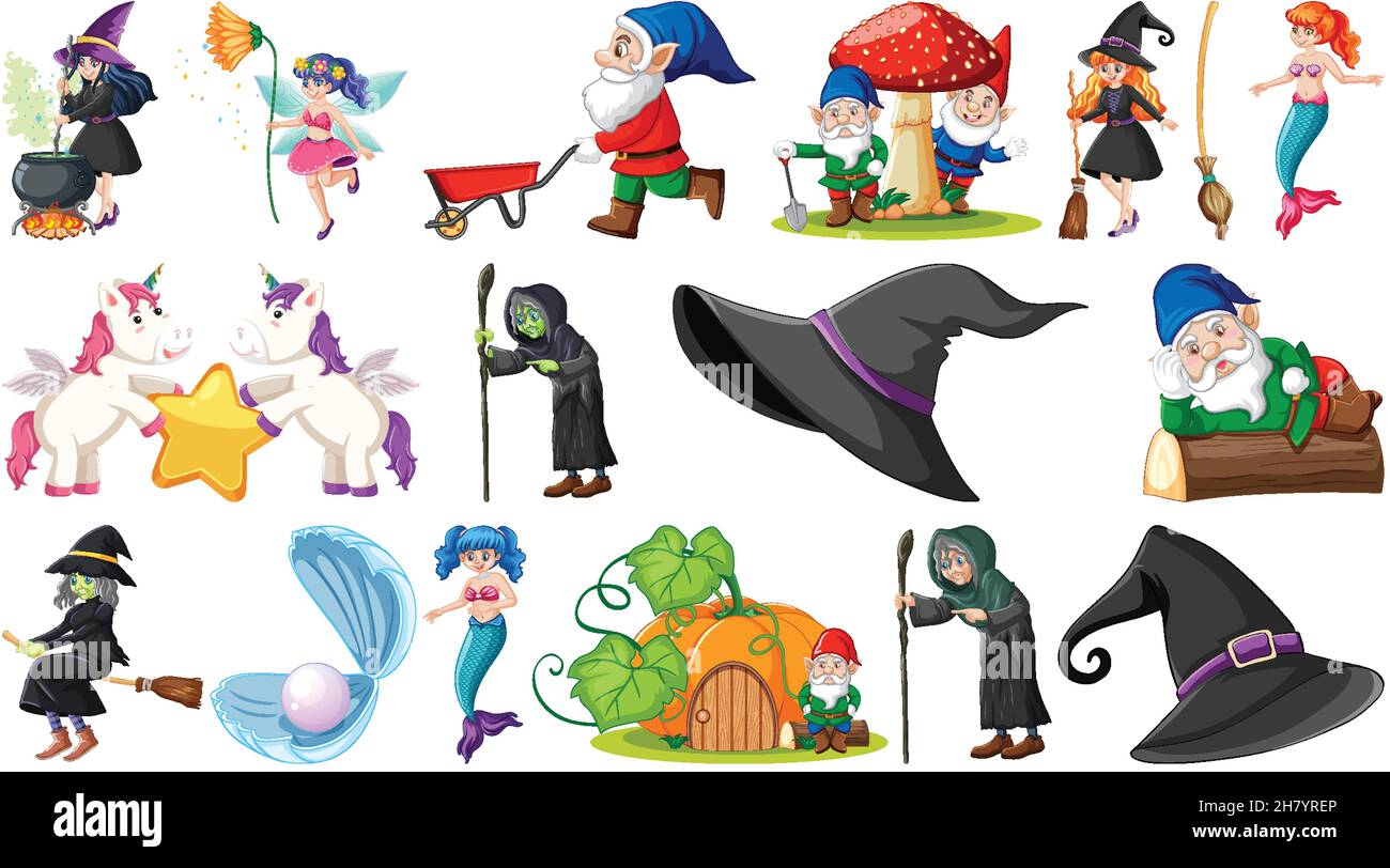 Set of fantasy fairy tale characters and elements illustration Stock ...