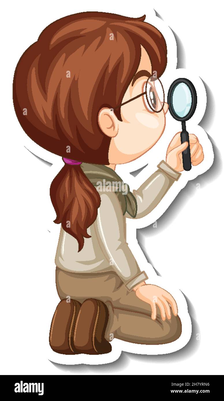 Safari girl using magnifying glass cartoon character sticker ...