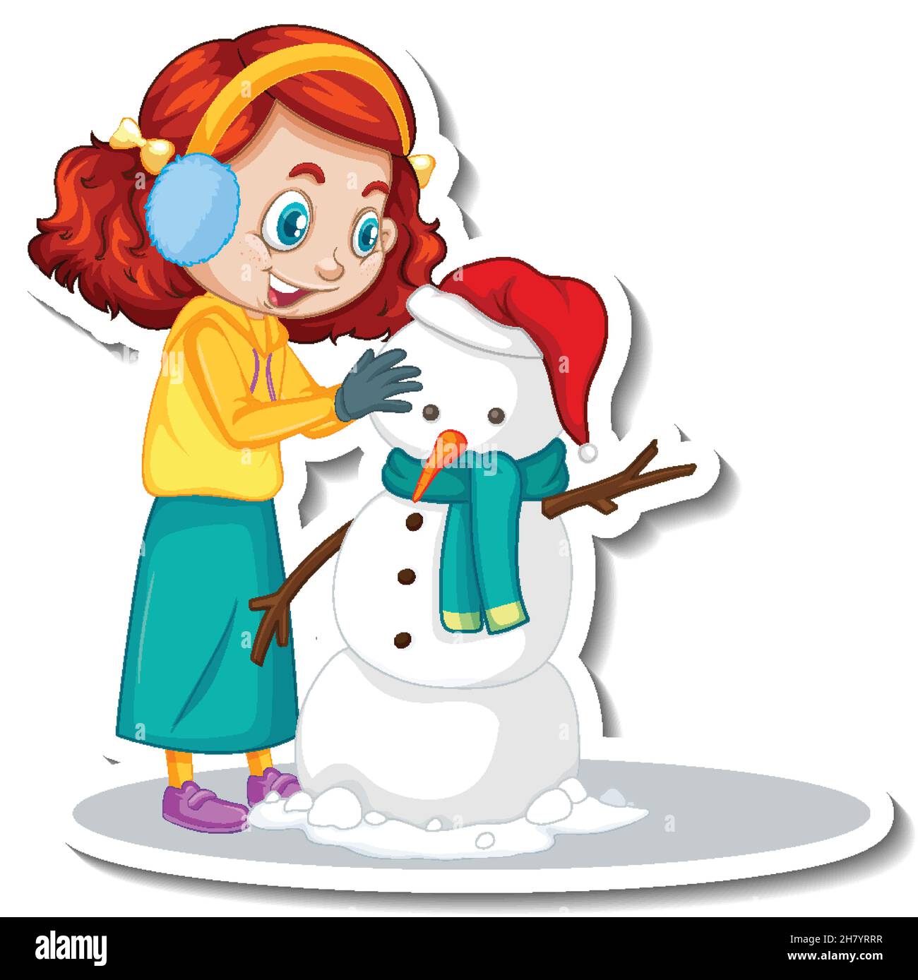 A girl building a snowman cartoon character sticker illustration Stock ...