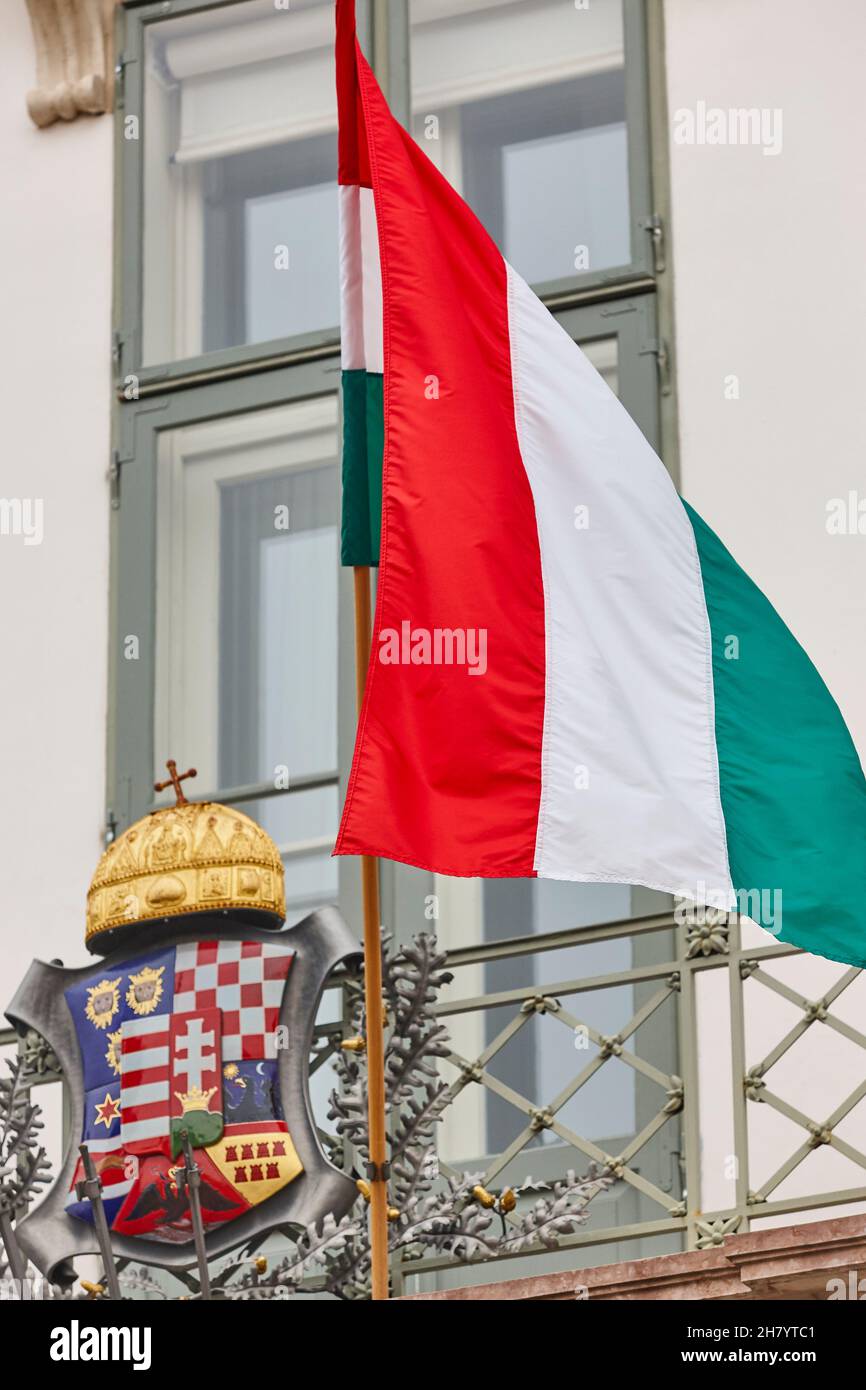 Hungarian flag and shield. Patriotic heraldic symbol. European nation ...