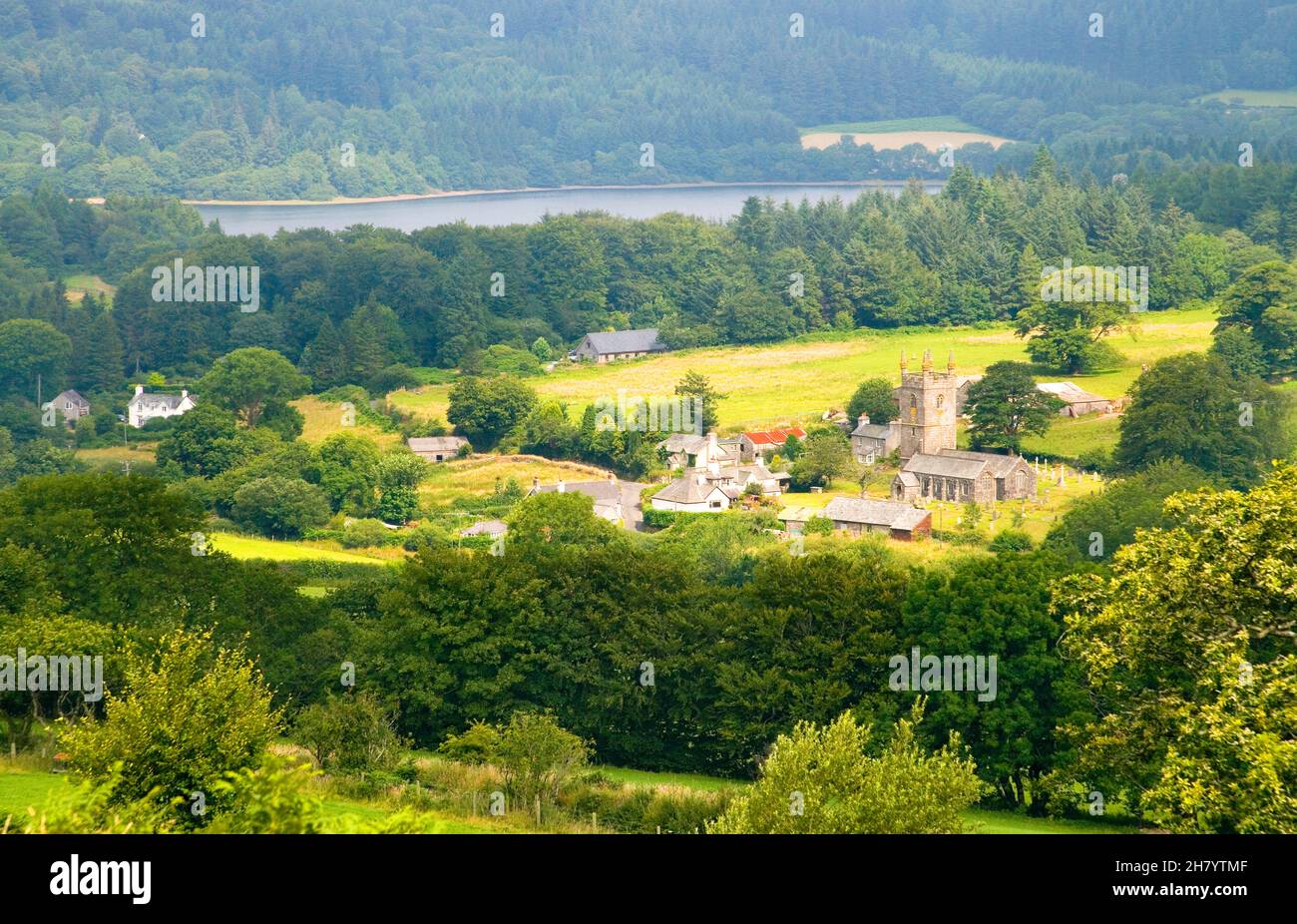 the village of burrator with burrator reservoir in the background in ...