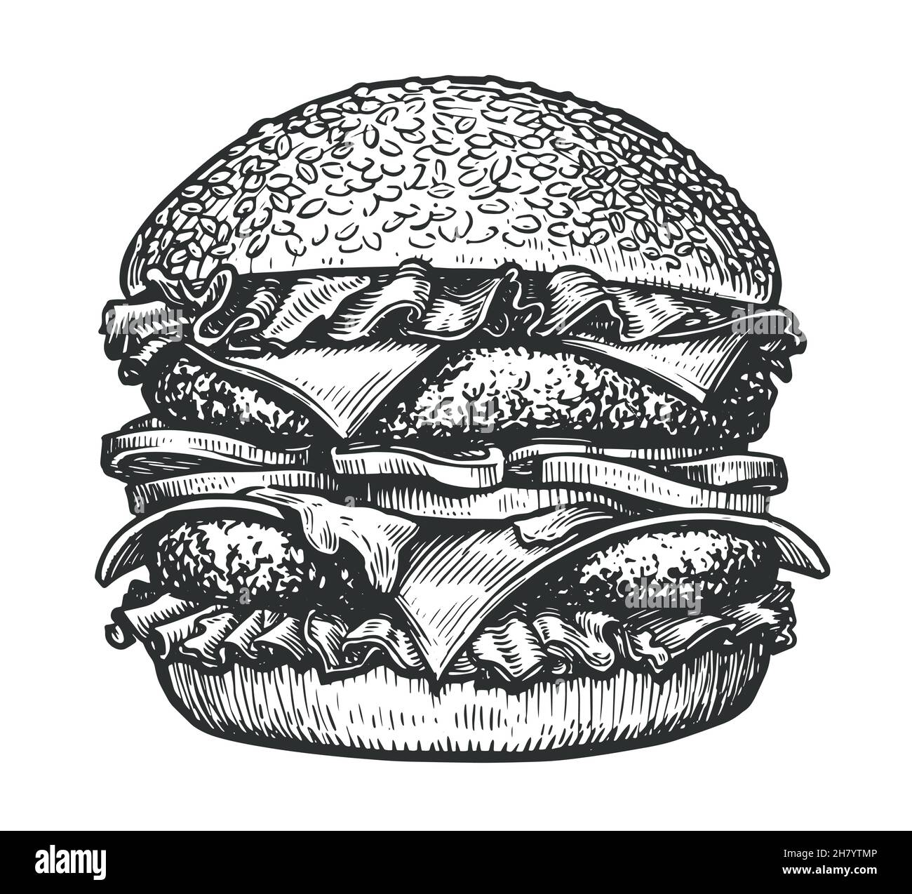 Burger sketch. Sandwich in vintage hand drawn engraving style. Street ...