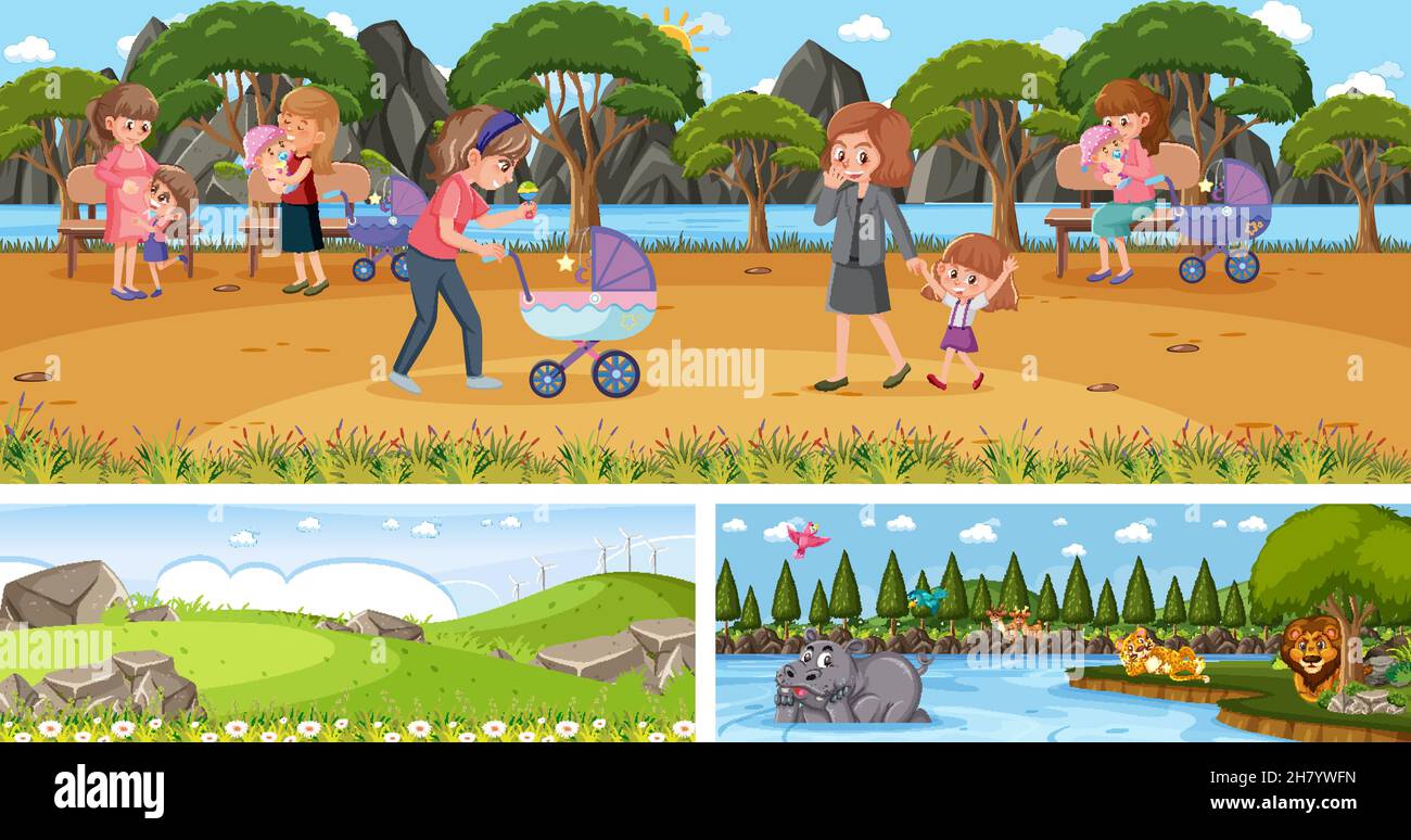 Set of outdoor panoramic landscape with cartoon character illustration ...