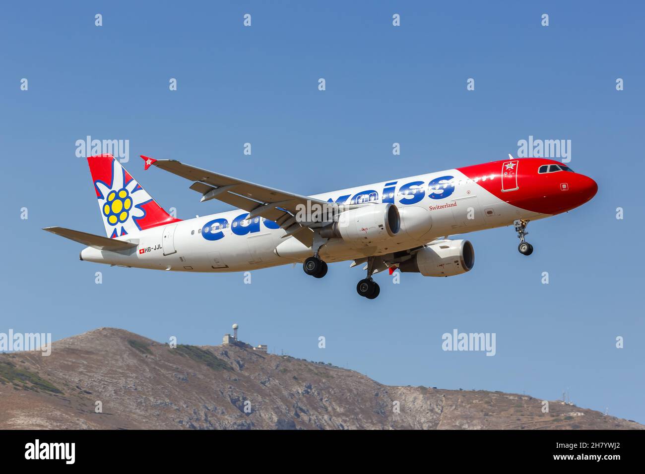 Santorini, Greece - August 4, 2021: Edelweiss Airbus A320 airplane at ...