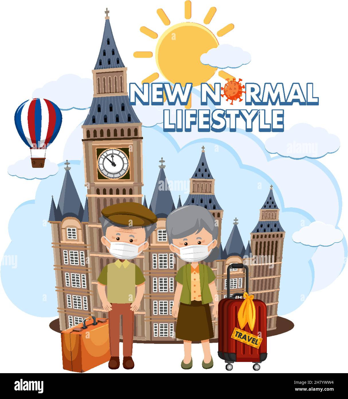 New normal lifestyle with old couple travelling illustration Stock ...