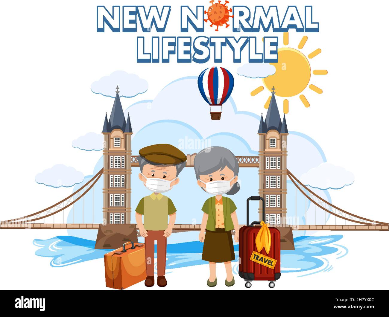 New normal lifestyle with old couple travelling illustration Stock ...