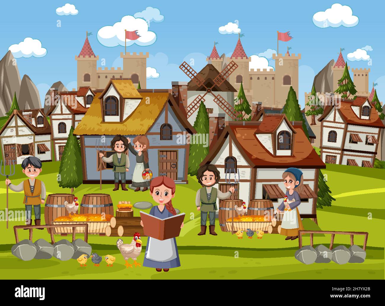 Medieval town scene with villagers illustration Stock Vector Image ...