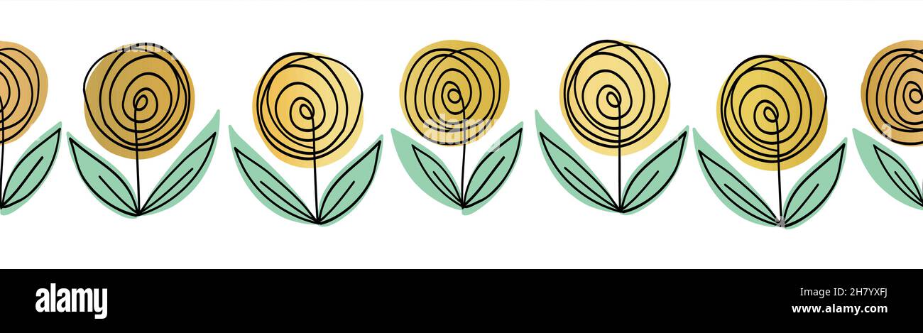 Seamless border flowers gold foil effect. Modern horizontal doodle line ...