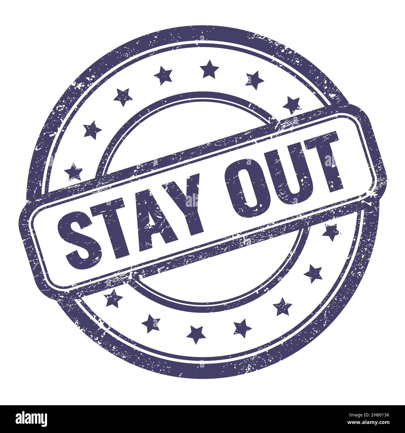 STAY OUT text on indigo blue grungy vintage round rubber stamp Stock ...