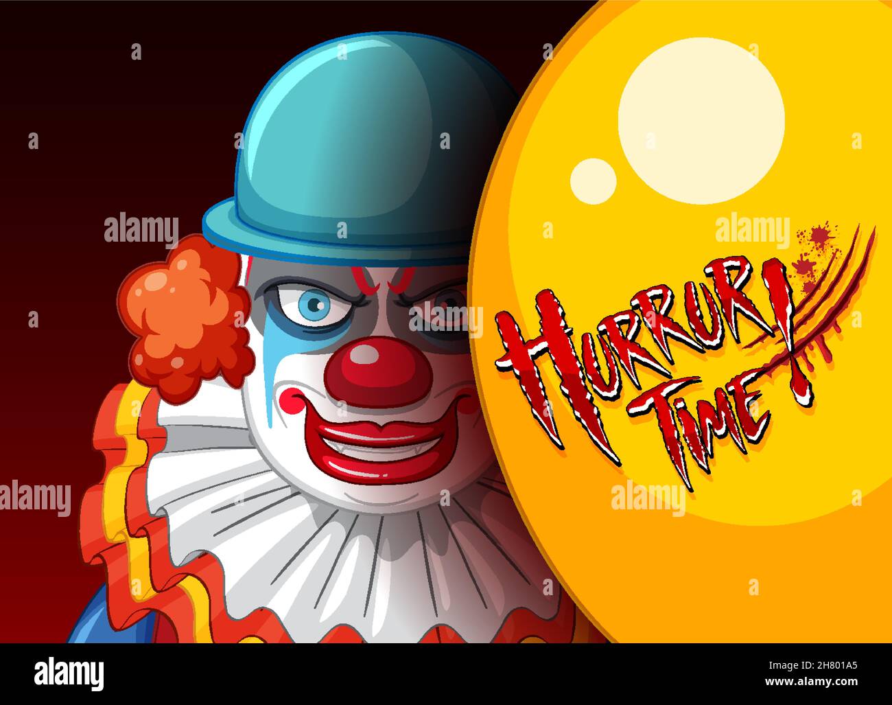 Creepy clown face peeking out from behind balloon illustration Stock ...