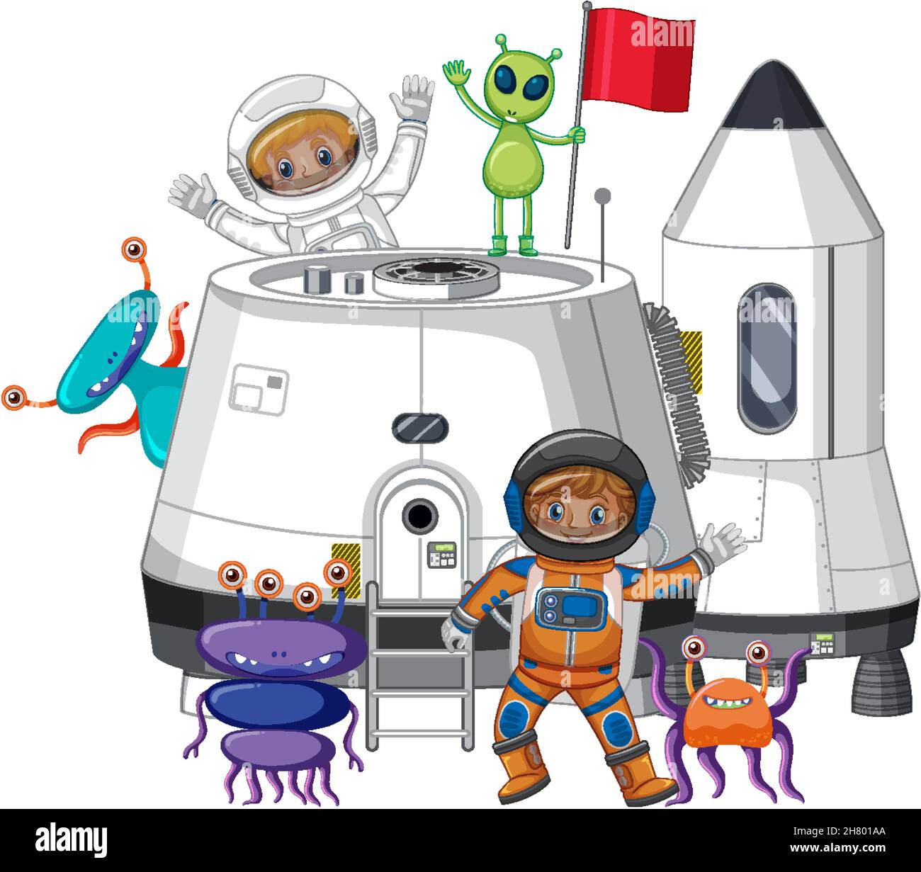 Space station with astronaut and alien illustration Stock Vector Image ...
