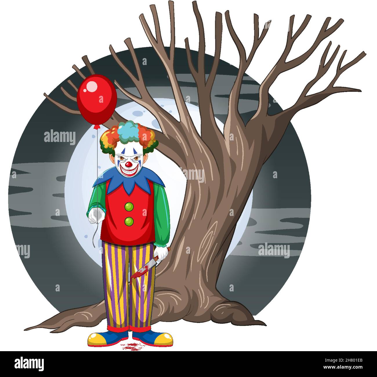 Scary clown holding balloon on full moon background illustration Stock ...