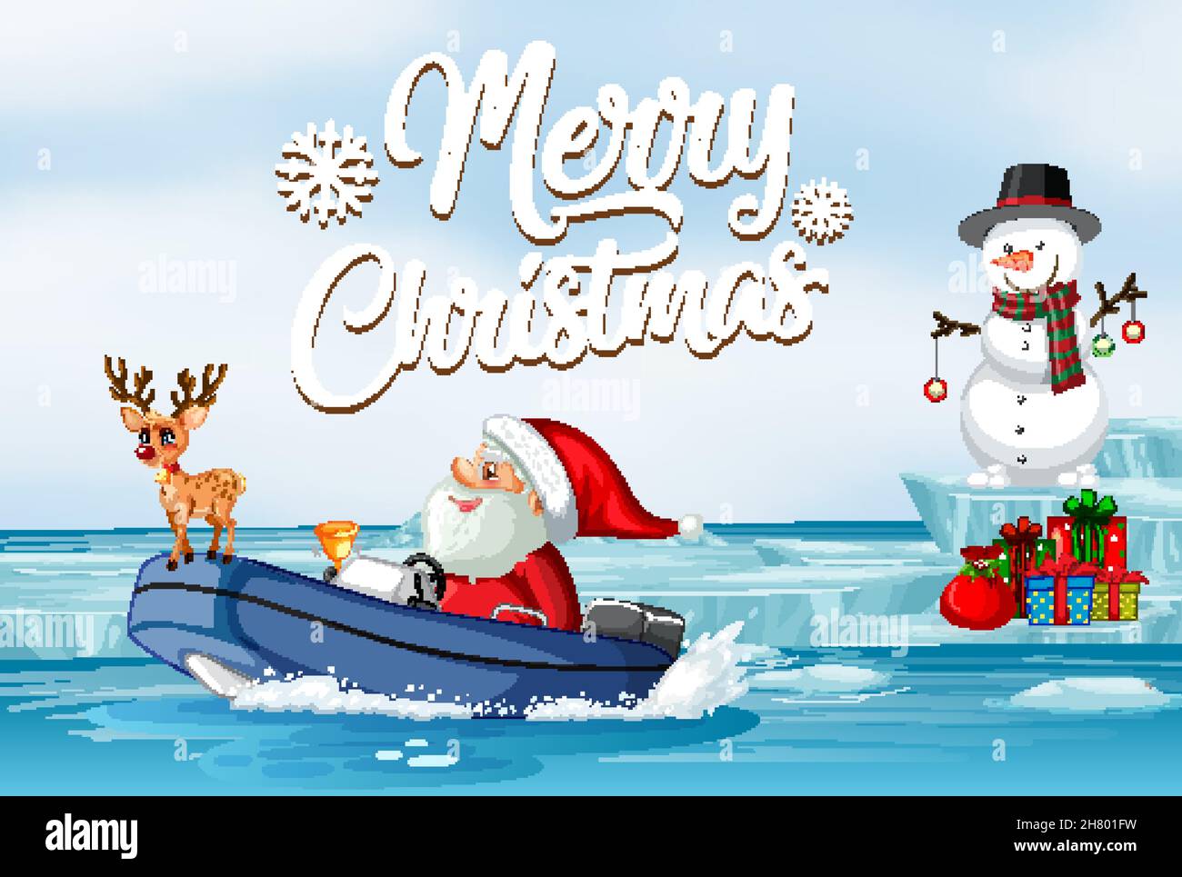 Merry Christmas poster with Santa driving boat illustration Stock ...