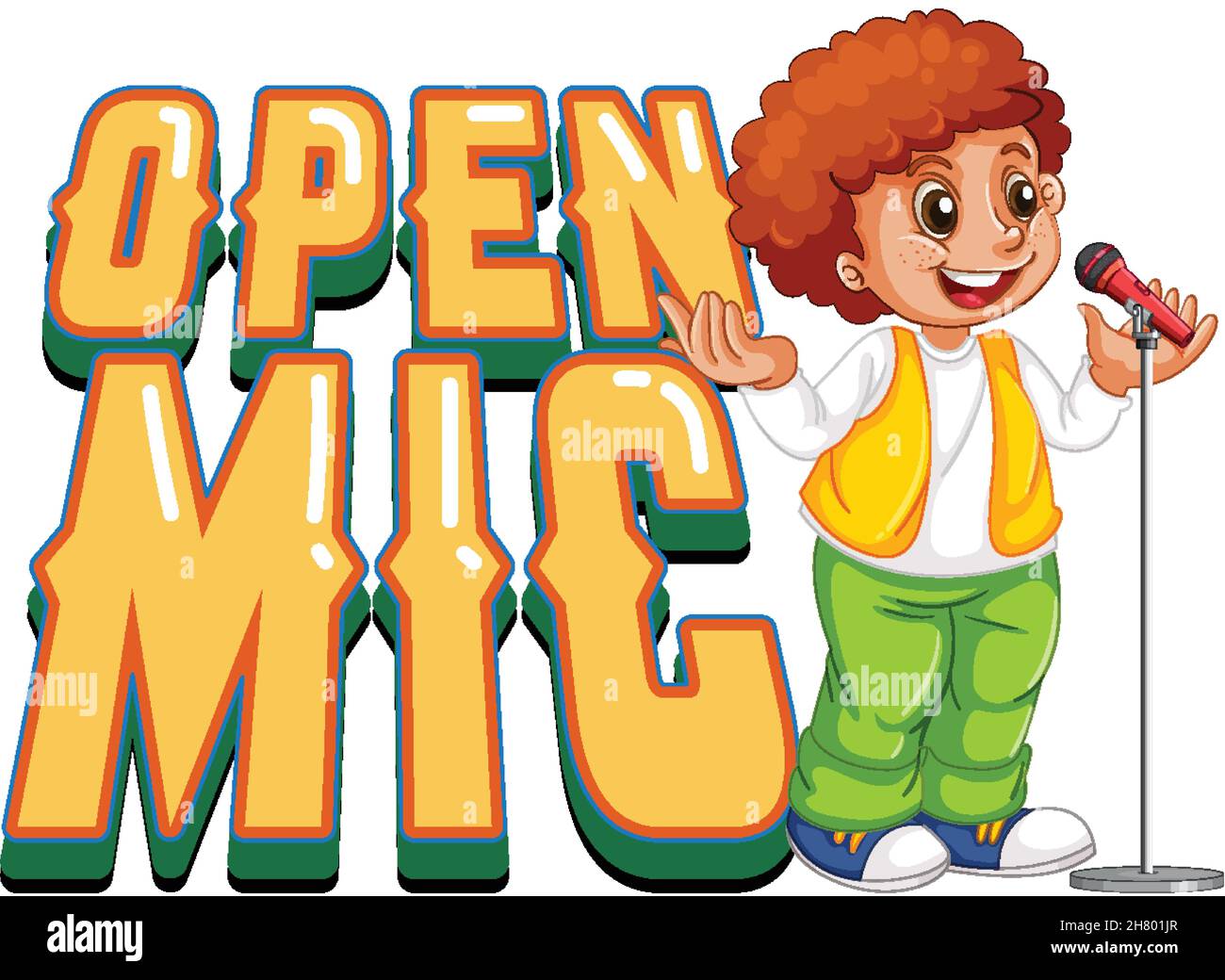 Open mic logo design with singer boy cartoon character illustration ...