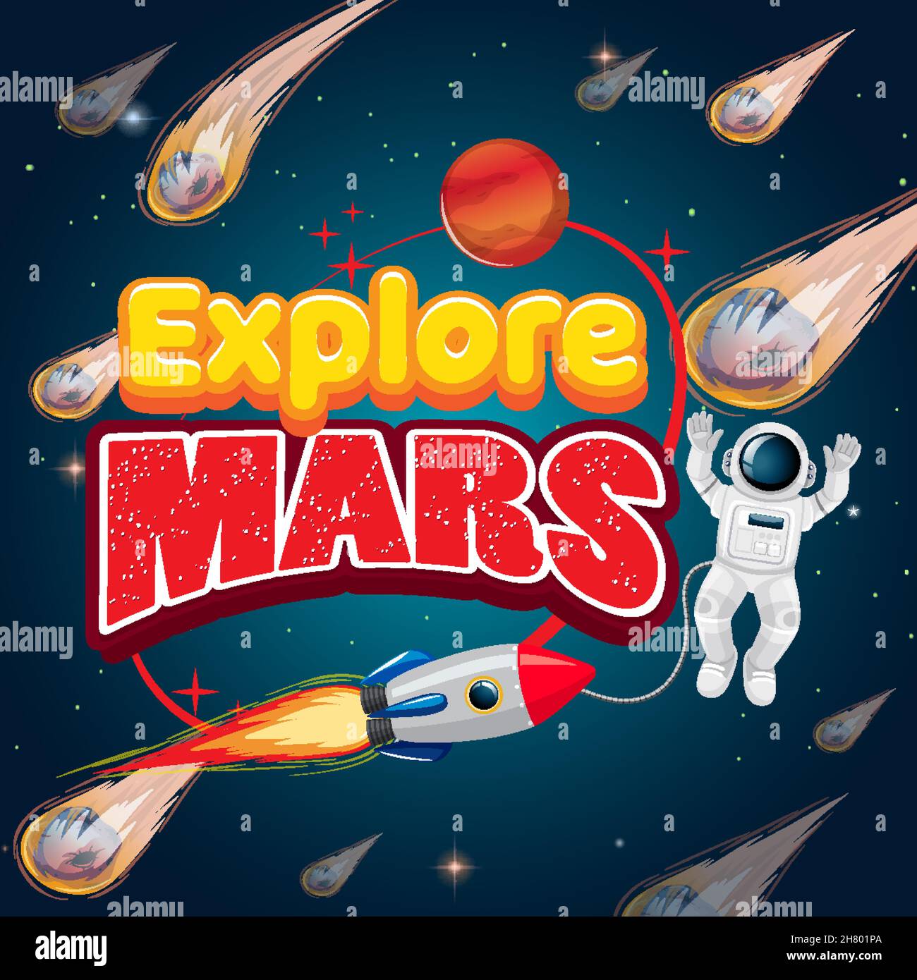 Astronaut with comet and asteroid poster illustration Stock Vector ...