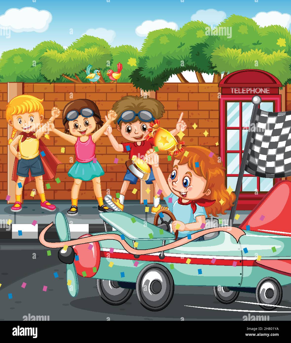 Outdoor scene with children racing car illustration Stock Vector Image ...