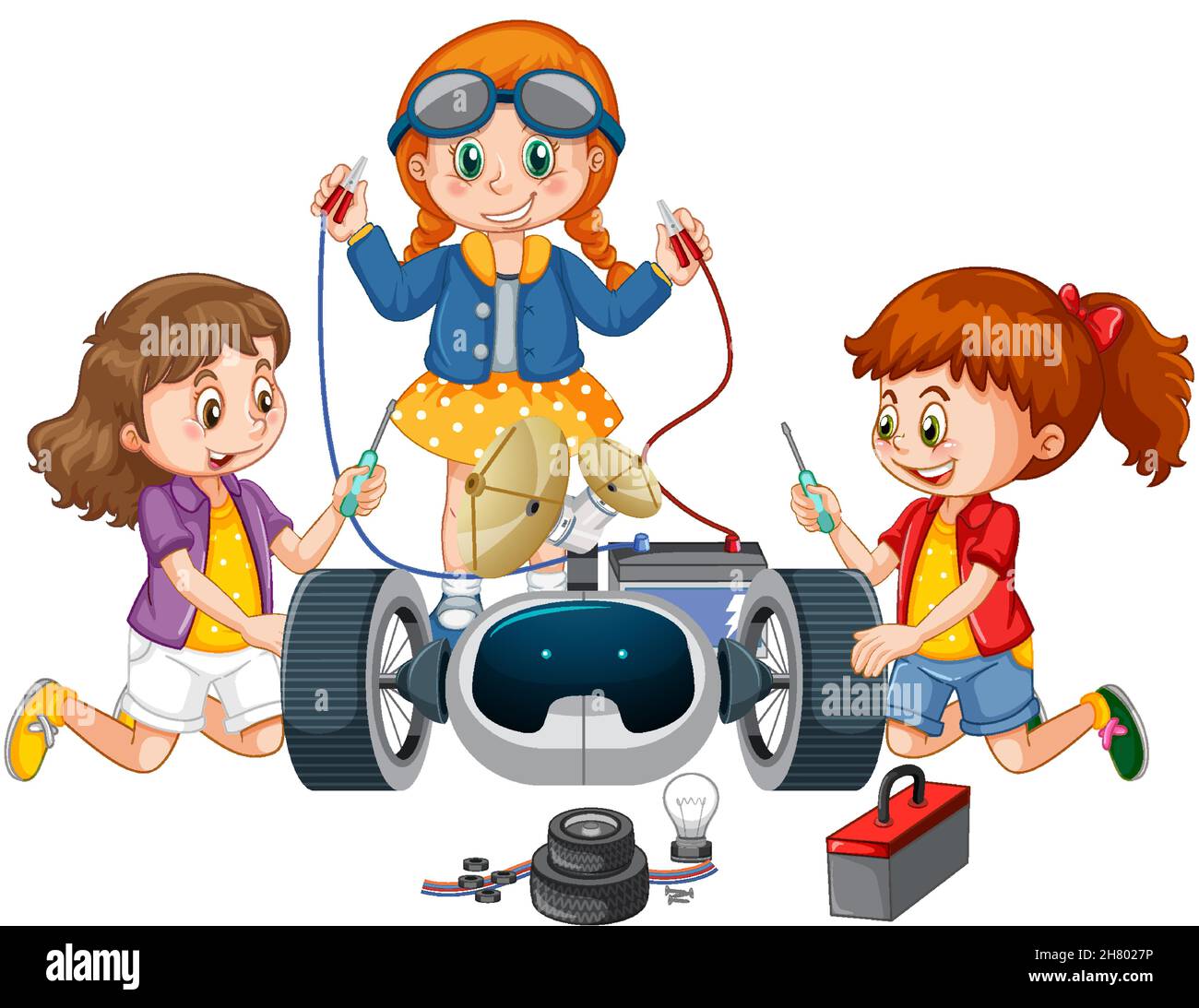 Children fixing a robot together on white background illustration Stock ...