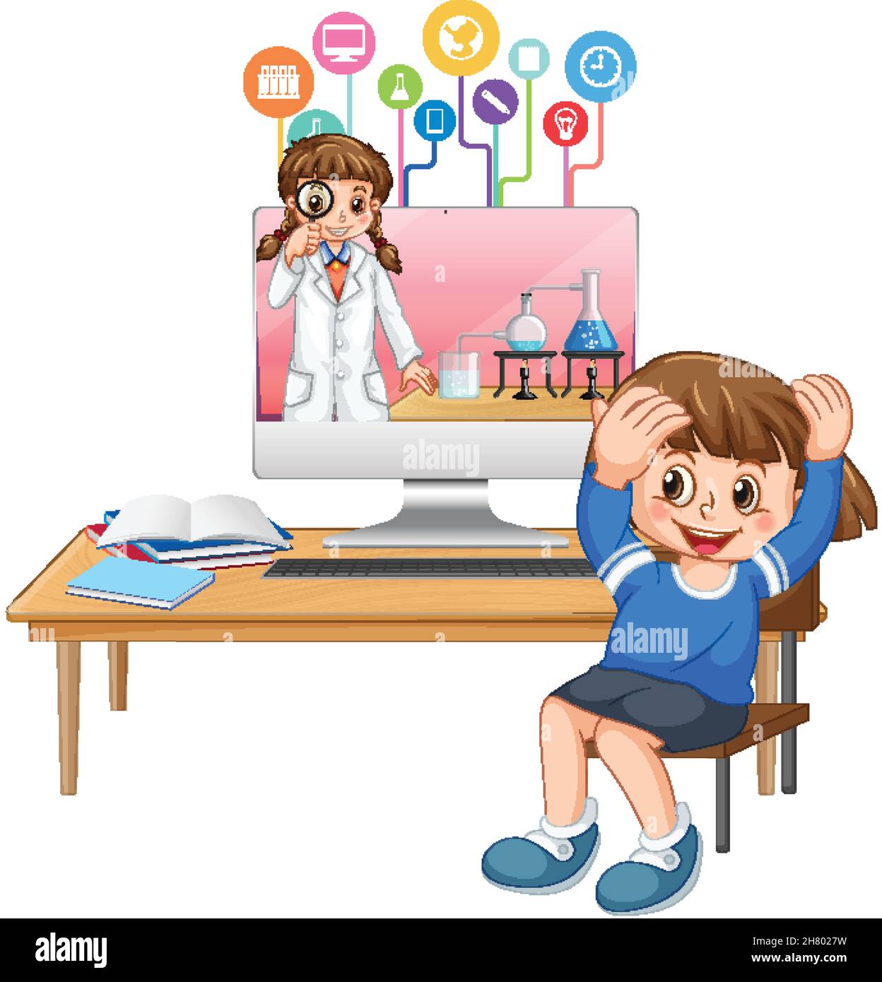 Young girl studying in front of computer illustration Stock Vector ...