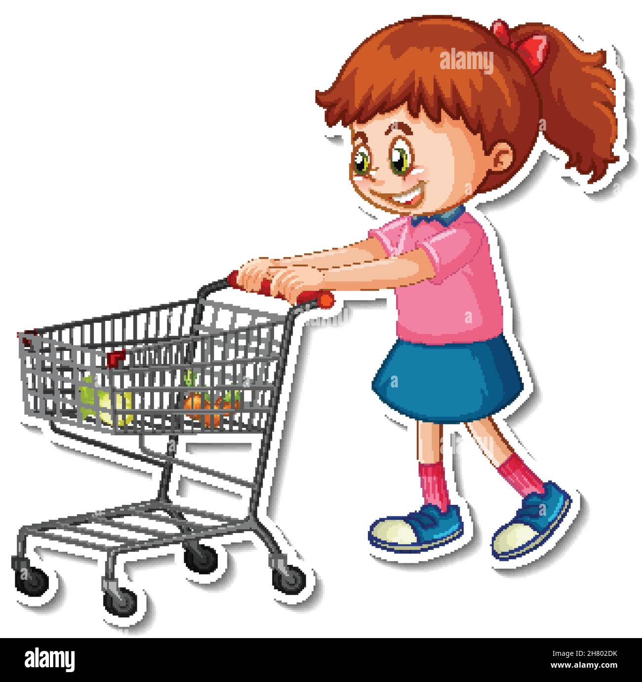 A girl pushing shopping trolley with groceries illustration Stock ...