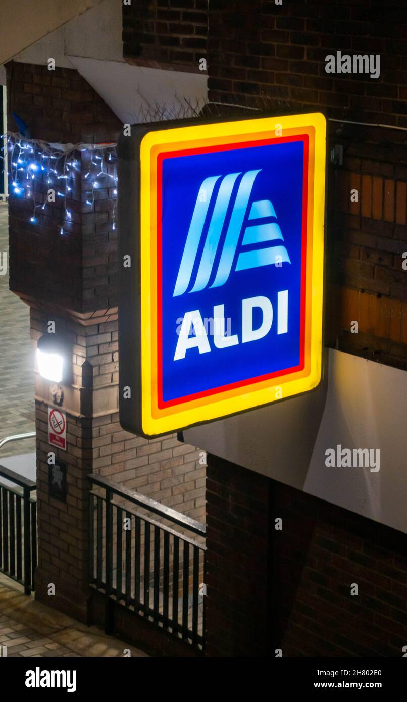 Aldi sign outside of a supermarket in Liverpool City Centre at night ...