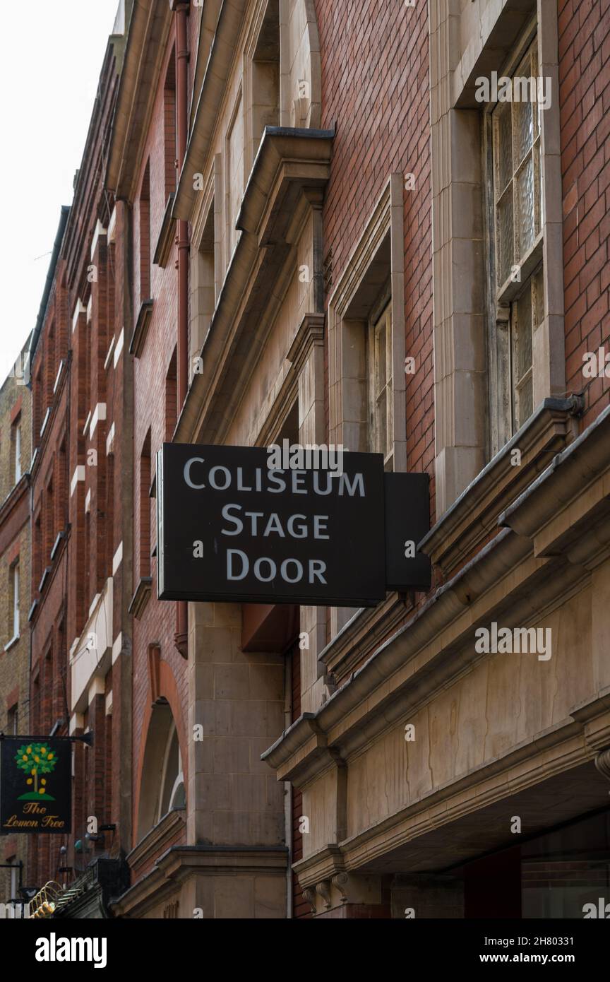 Sign above the London Coliseum Stage Door. Covent Garden, London ...