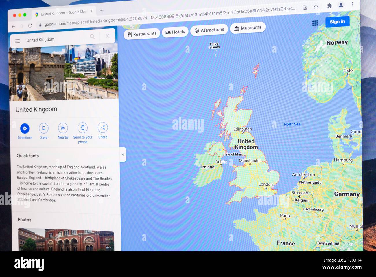 Map of United Kingdom in Google Maps software seen on computer screen ...