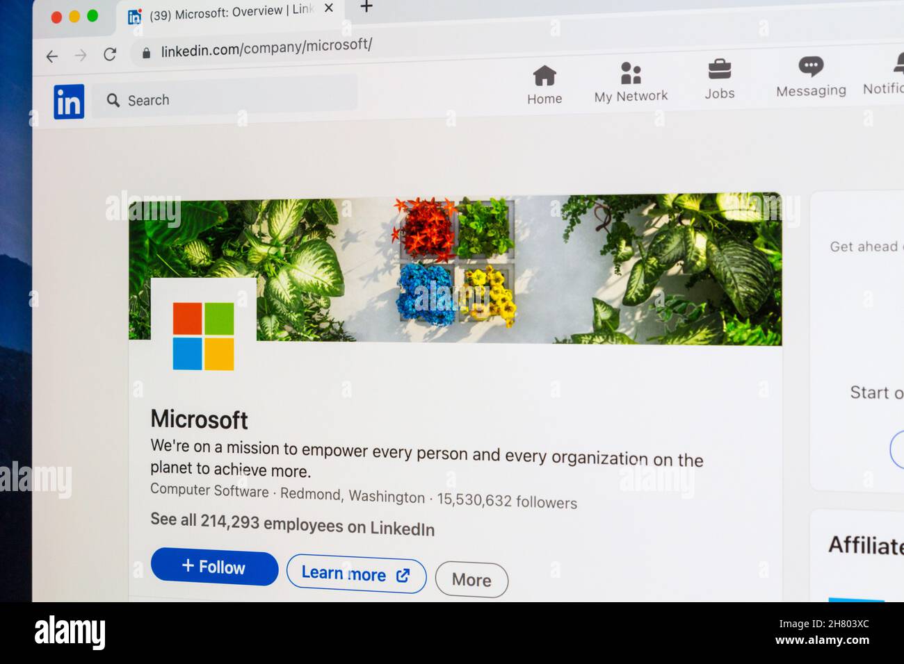 Microsoft home page on Linkedin website seen on computer screen in ...
