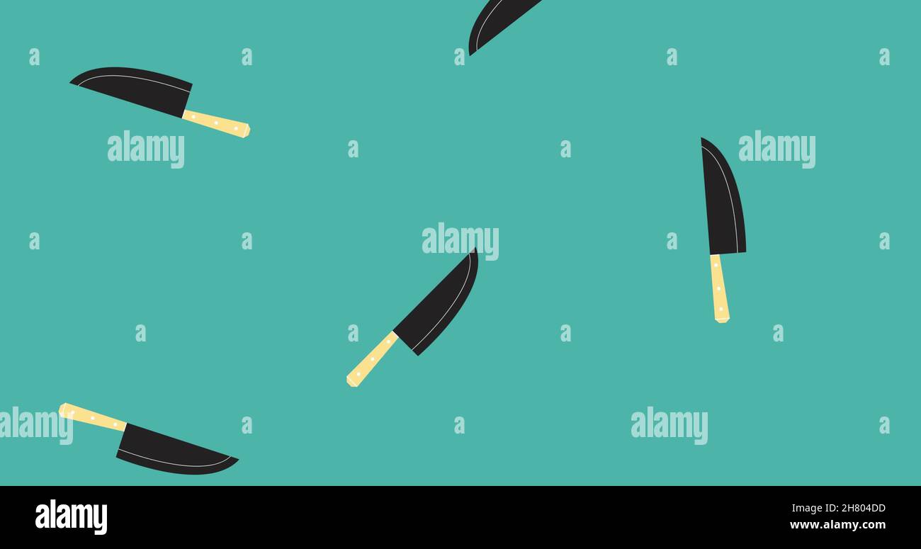 Image of illustration of black and cream kitchen knives falling on blue ...