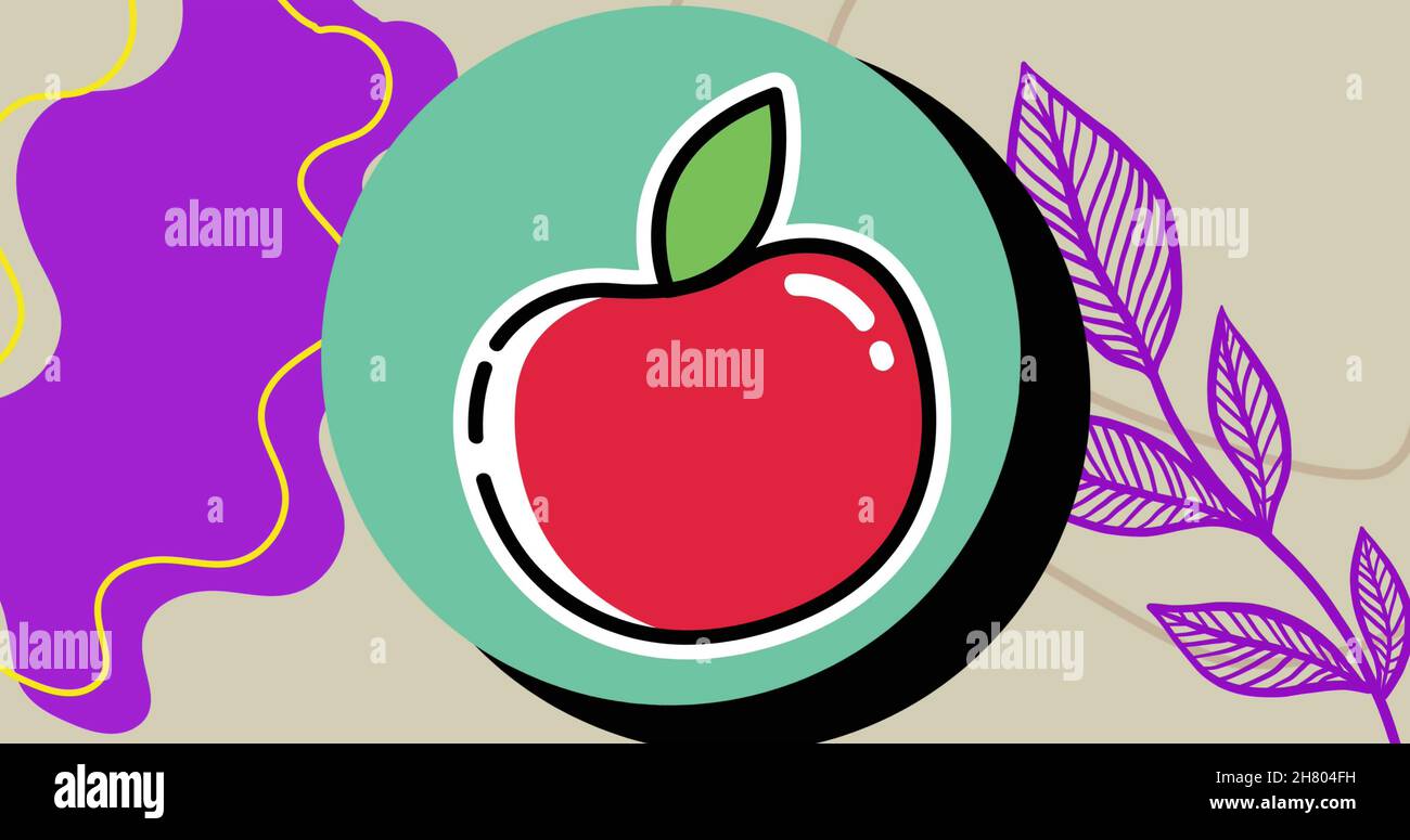 Image of red apple falling in green circle with purple shape and leaves ...