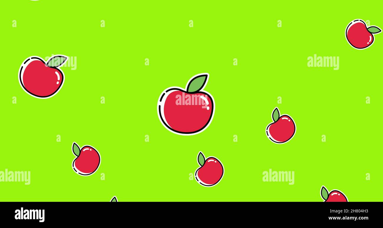 Image of red apples falling on bright green background Stock Photo - Alamy