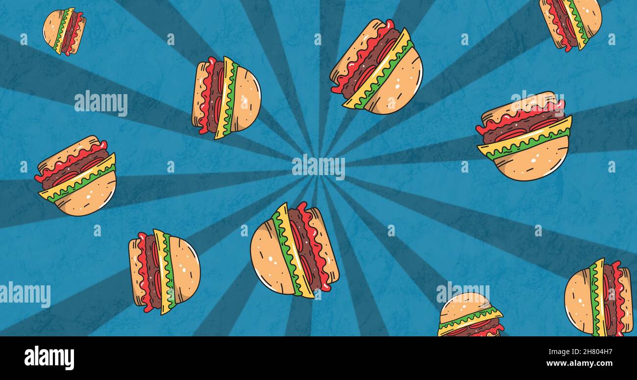 Image of cheeseburgers falling over rotating blue radiating stripes ...