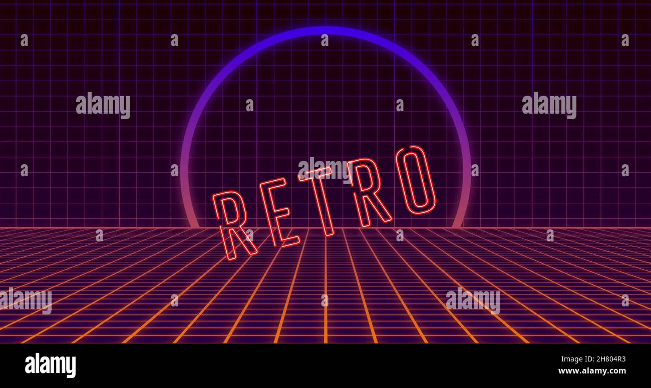 Image of moving retro text in neon letters over neon circle and grid ...