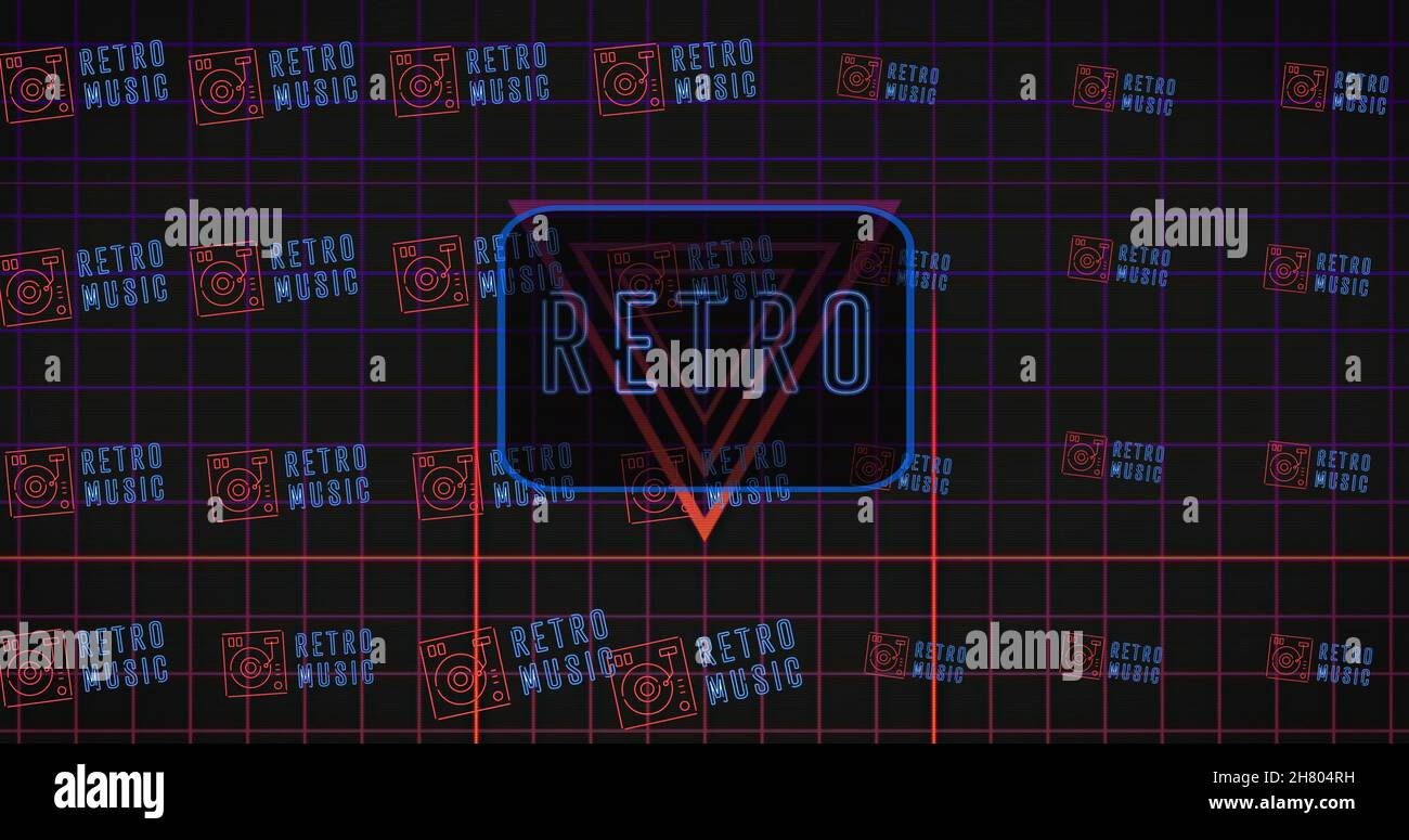Image of moving retro text in neon letters over neon frame and grid ...