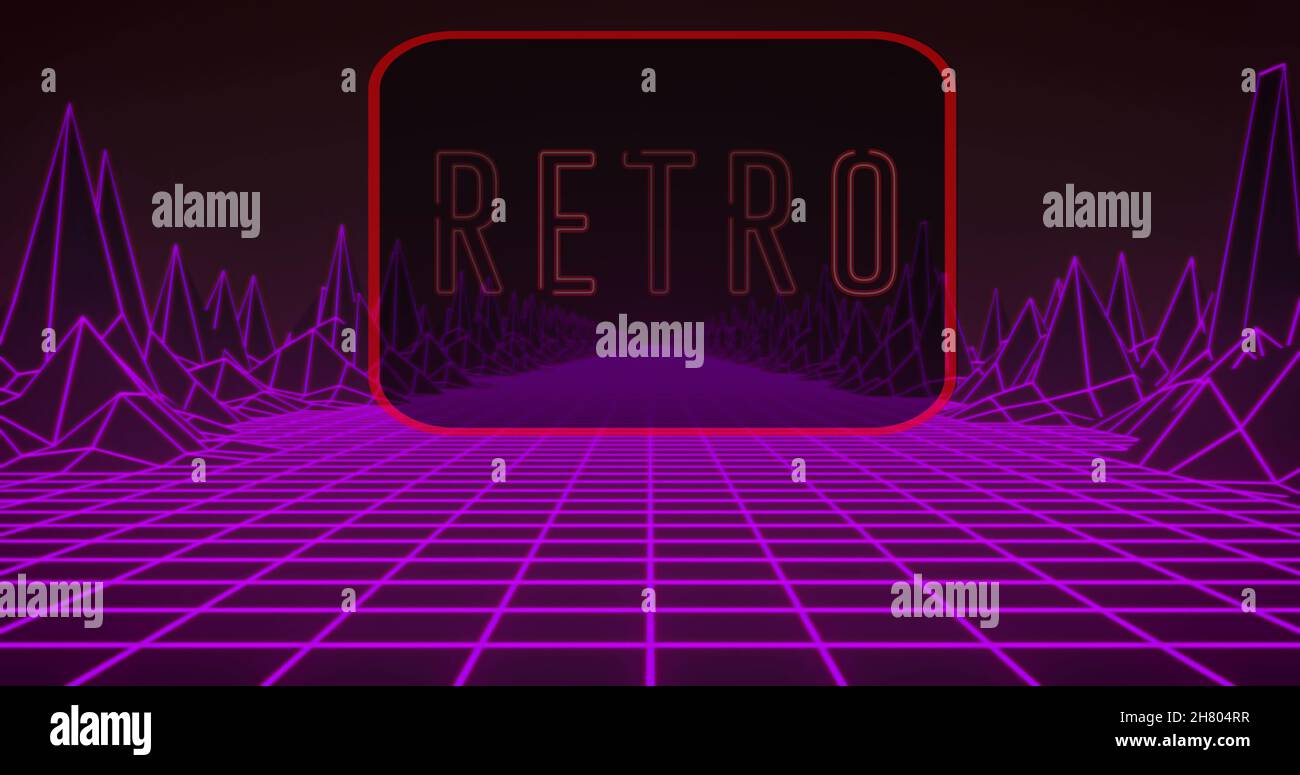 Image of moving retro text in neon letters over neon frame and purple ...