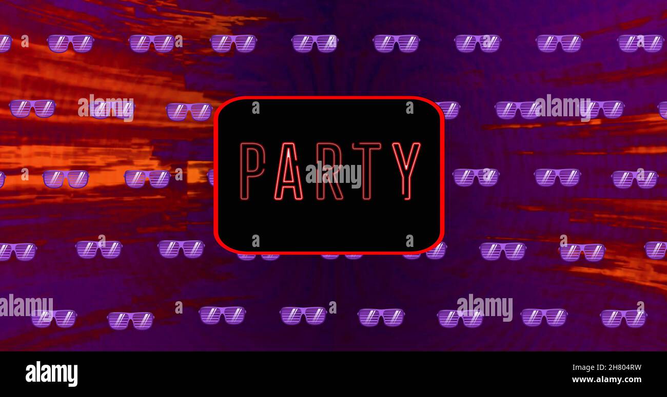 Image of moving party text in neon letters over neon frame and ...