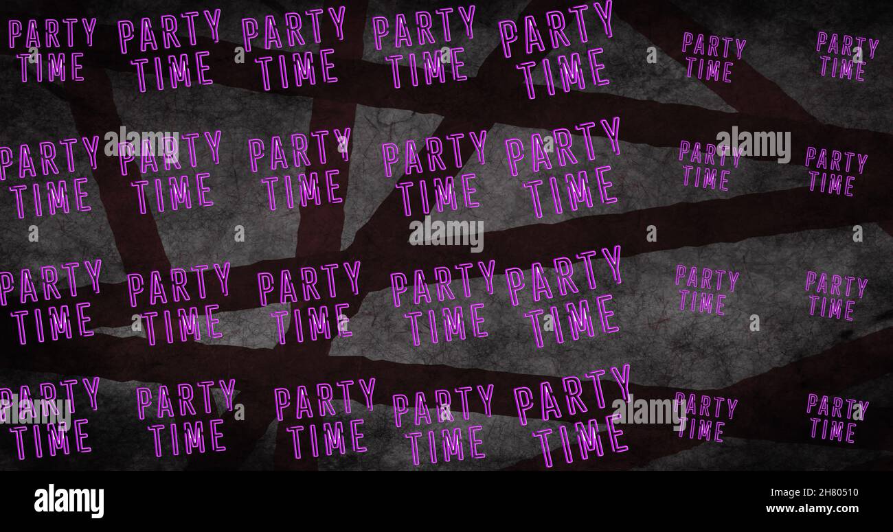 Image of party time text in purple letters in repetition over grey ...